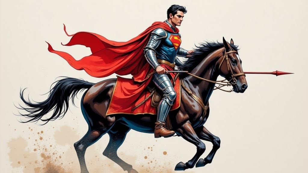 Superman dressed as a Medieval Knight riding a horse at a gallop.