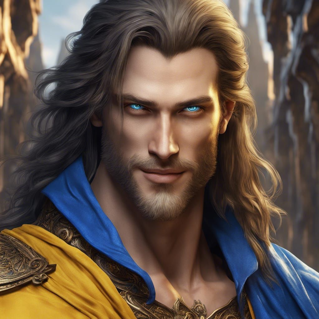 Male, yellow, handsome, attractive, tall, blue eyes, long hair, alpha ...