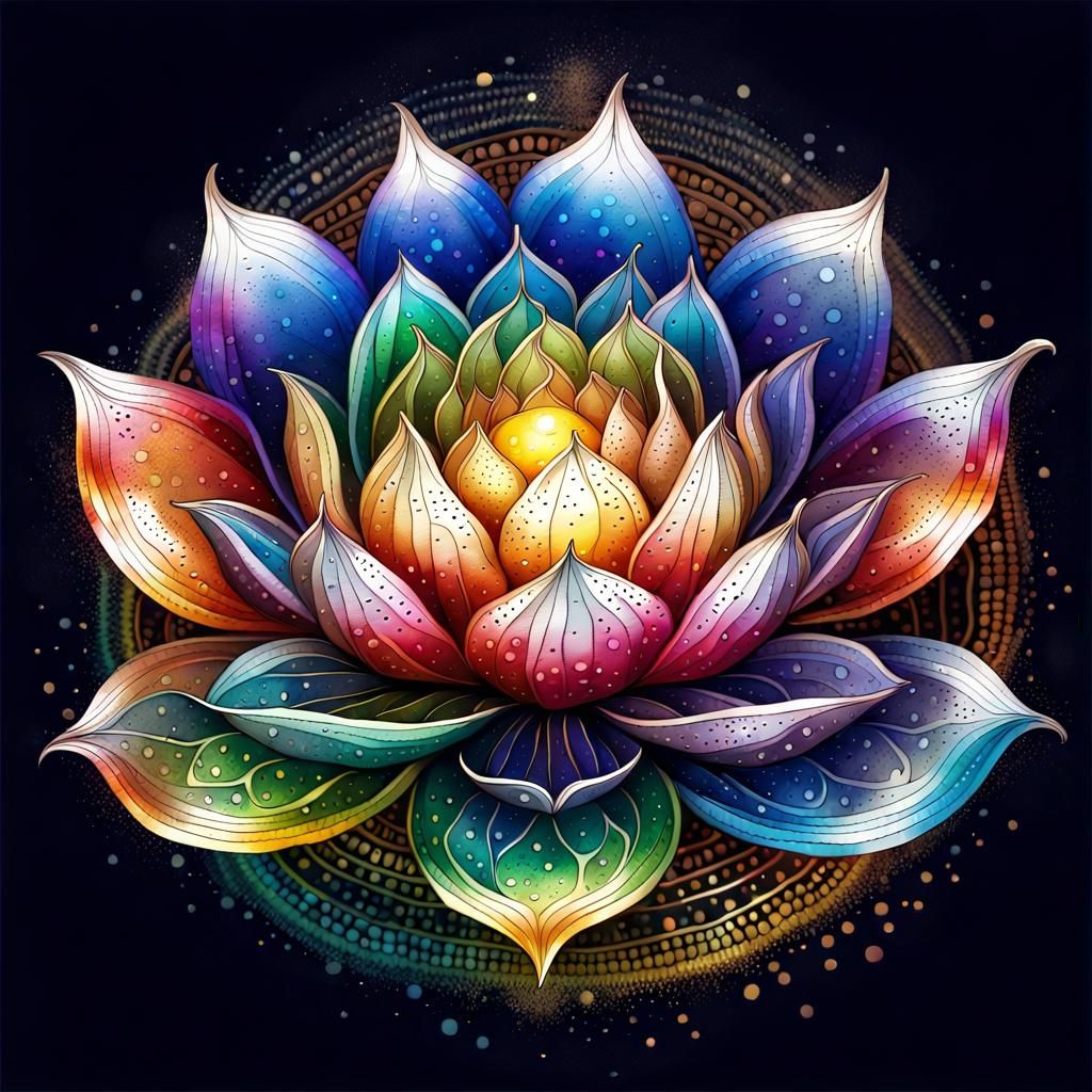 Beautiful metal lotus flower in the moonlight. Gradient rainbow colors ...