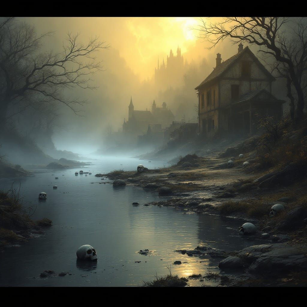 Mystical River Landscape with Abandoned Town in Go... - AI Art