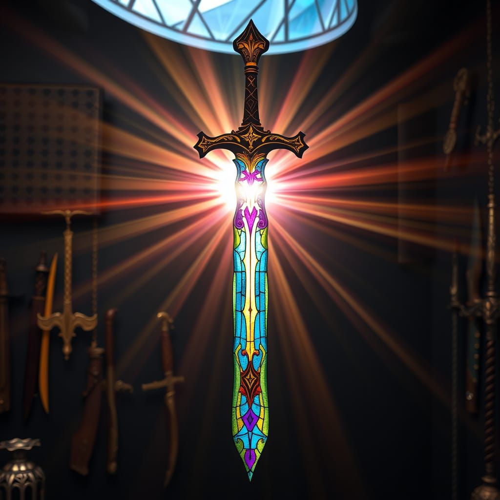 Sword ... - Vibrant Stained Glass Sword Radiates in a Majest...