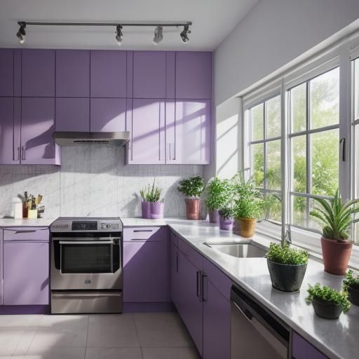 Beautiful light purple modern kitchen with plants - AI Generated ...