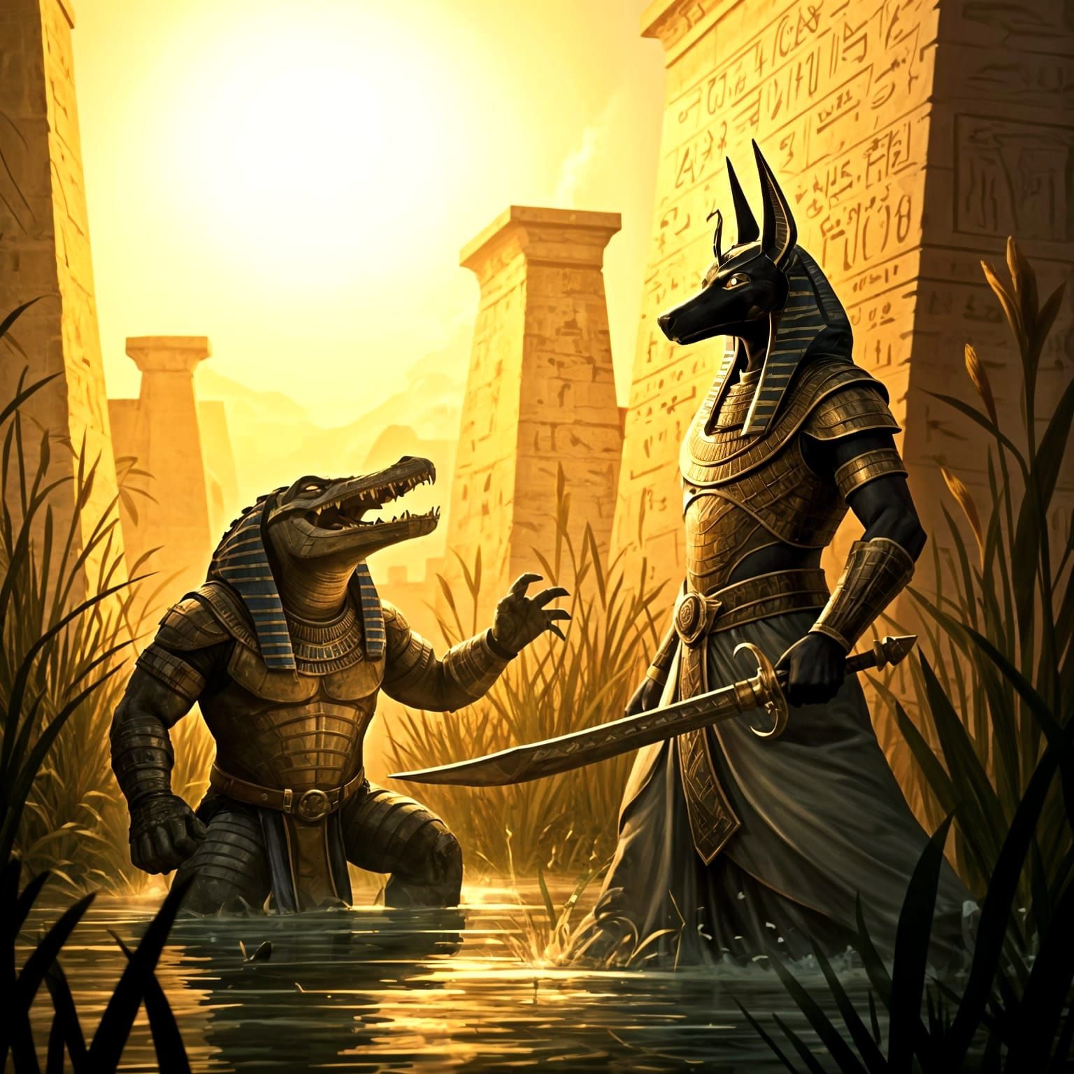 Egypt nile river, anubis warrior knight fighting a crocodileman