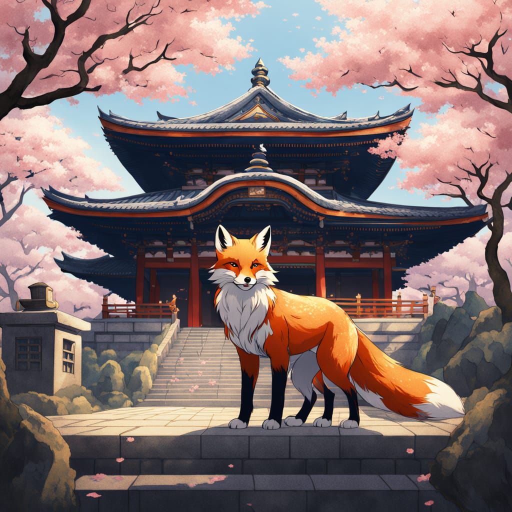 Fox Inari - Elegant Fox Spirit Amidst Sakura Blooms