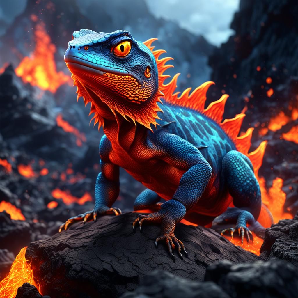 Surreal Lava Lizard Dominates Volcanic Landscape i... - AI Art