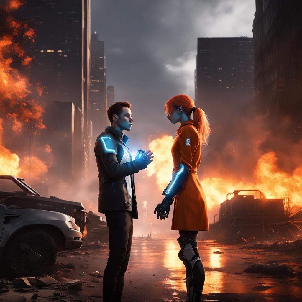 An long hair orange-haired human woman, and a humanoid-looking robot ...