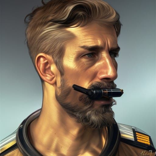 Mech-pilot commander in black and orange uniform with grey hair, short ...