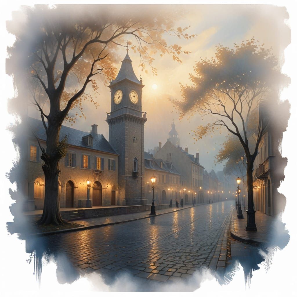 Surreal Clock Tower in a Quaint Town Square - AI Art