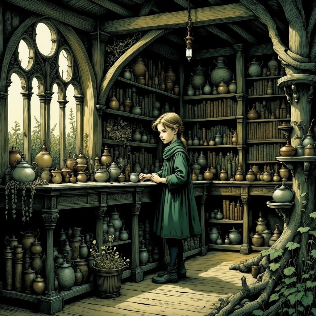 Whimsical Medieval Scene with Enchanted Herbalist - AI Art