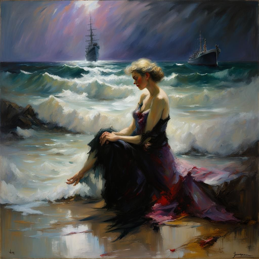 A paring of the sea by Pino Daeni, shadow dream fluctuation, pastel ...