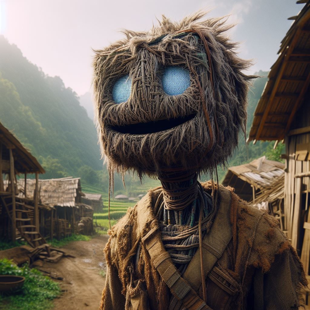 3-D-Cubed-Head Mythical Robot full body Made up of woolly wires in the ...