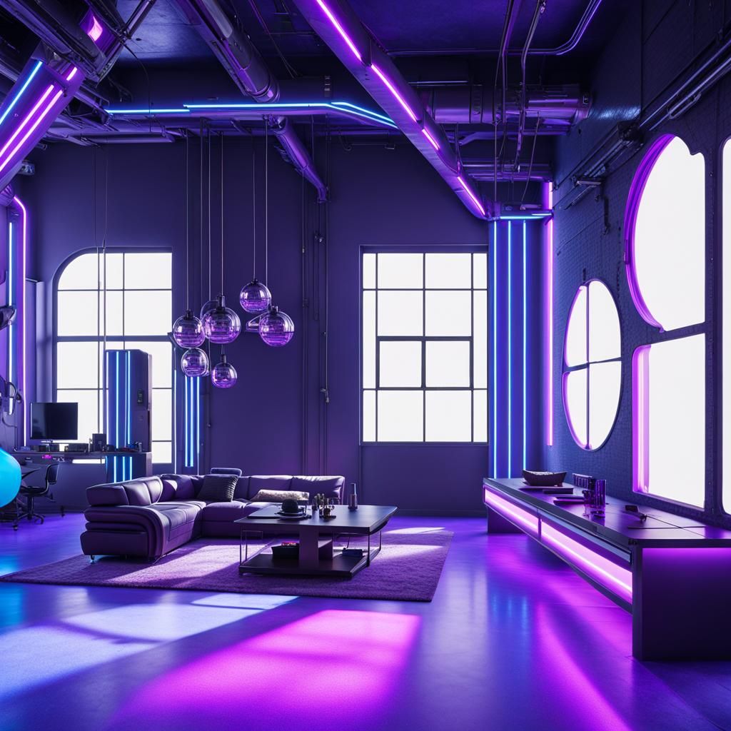 Cyber punk themed loft apartment with purple walls with blue lights ...