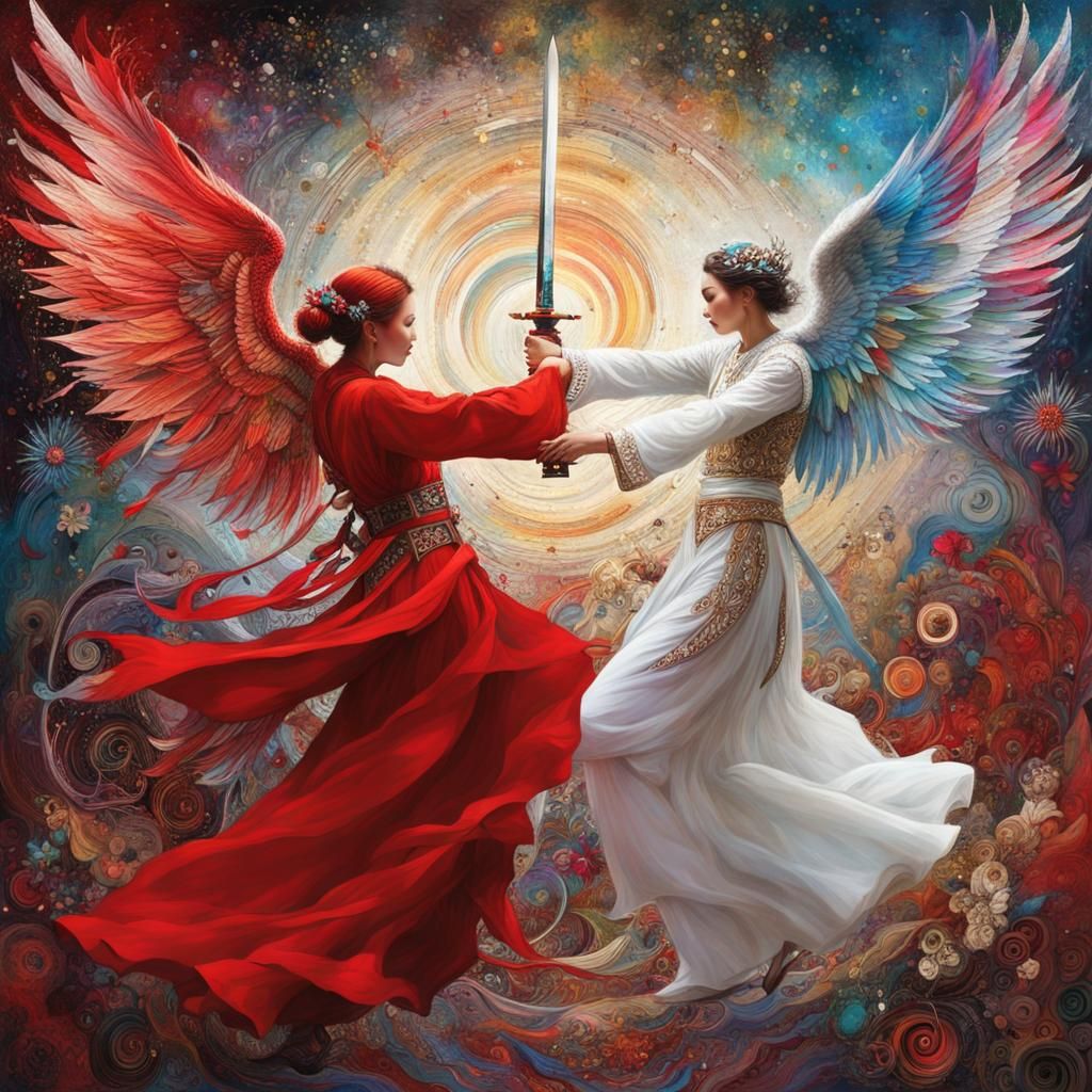 Demon Angel and Good Angel Battling for the Sword of Power - AI ...