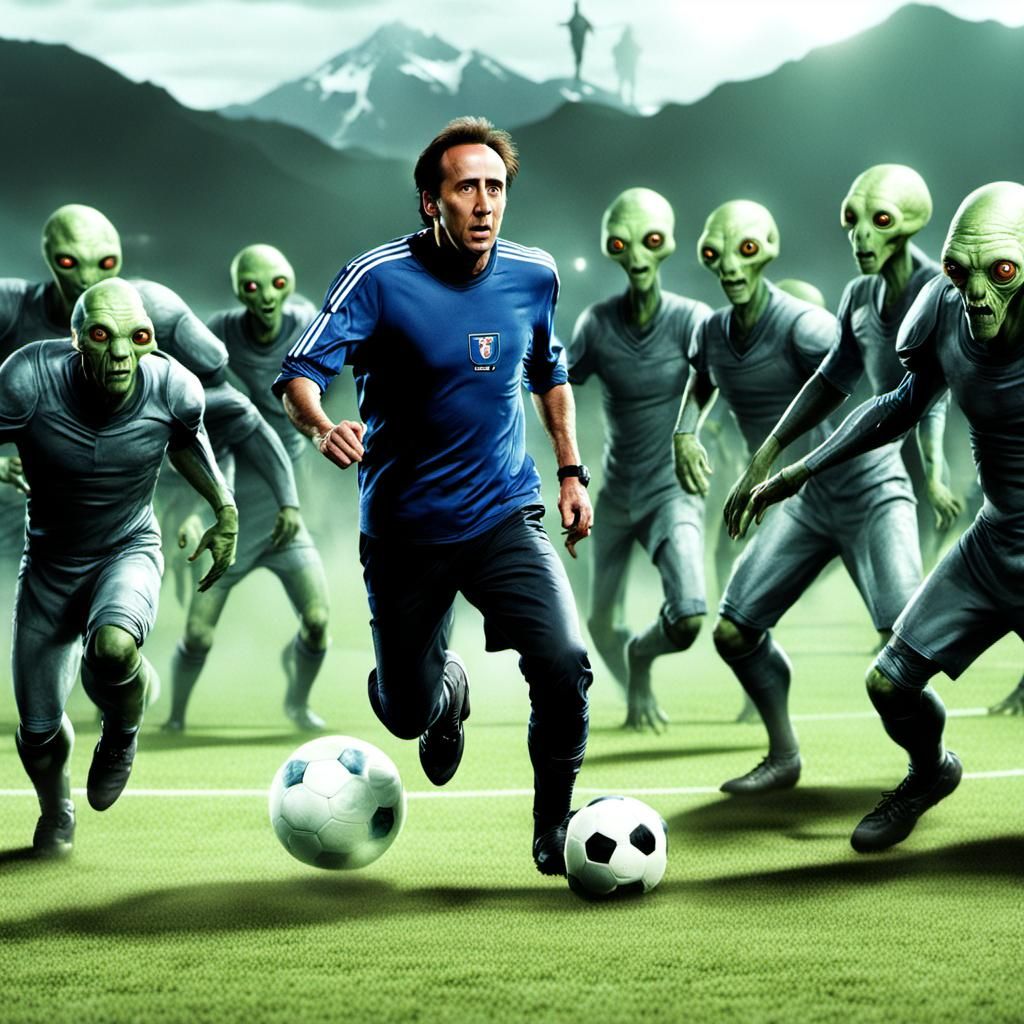 Nicolas Cage playing soccer against a team of aliens - AI Generated ...