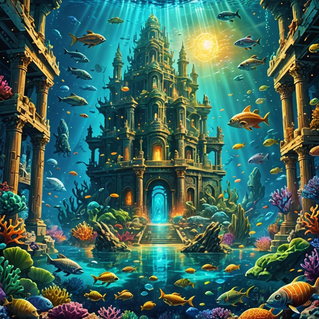 Ancient Atlantis under the water with a lot of different colorful ...