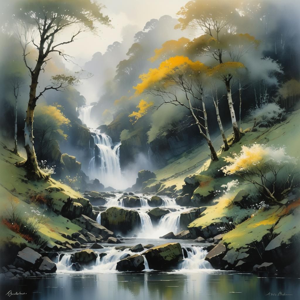 Romantic Waterfall Scene in a Foggy Valley Landsca... - AI Art