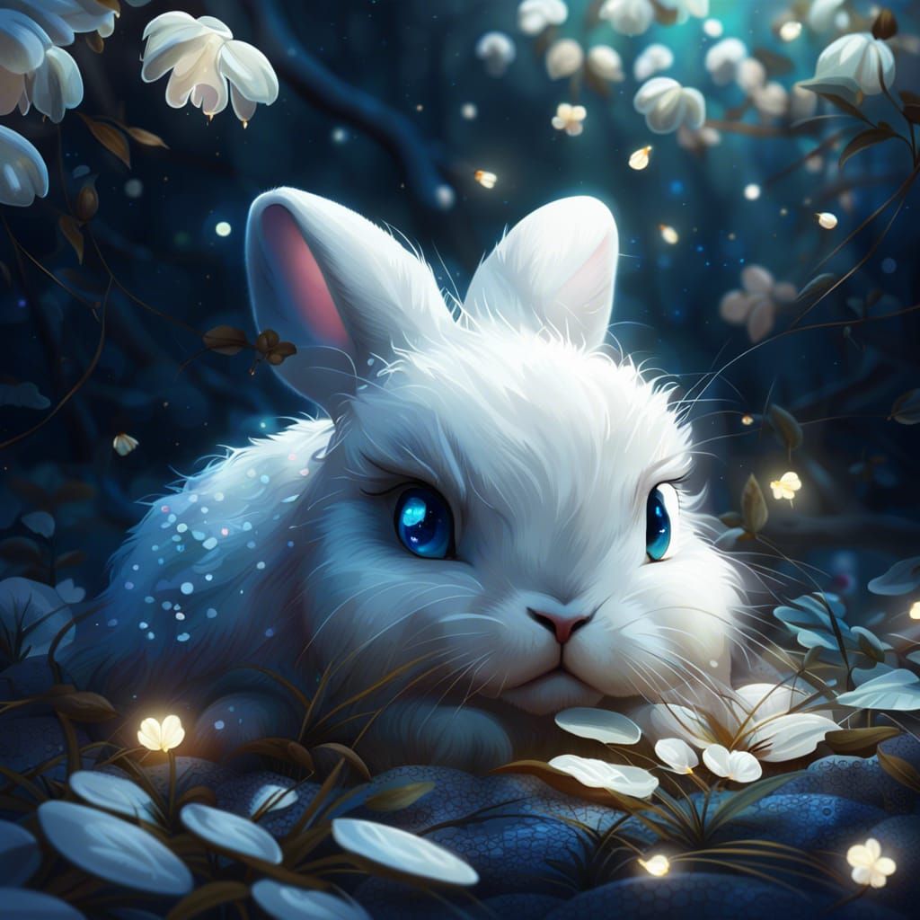 A hyper-realistic digital artwork of an adorable cute white rabbit ...
