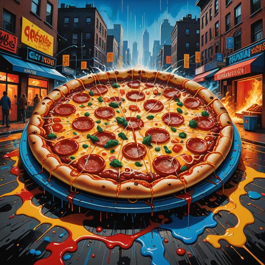 the pepperoni pizza - Surreal Cyberpunk Pizza Scene in Vibra...