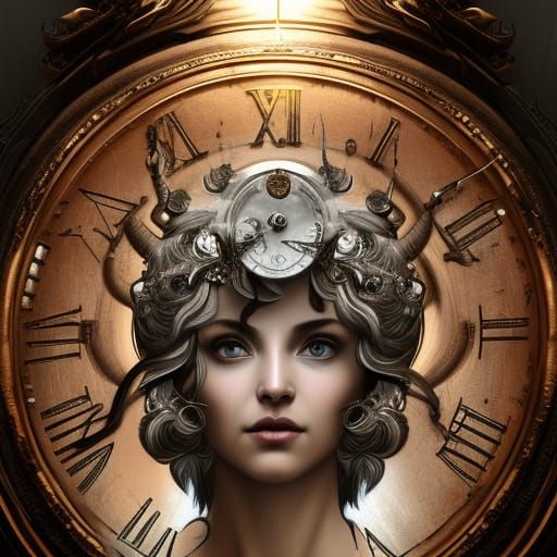 silver clock showing grec goddess in the middle, head and shoulders ...