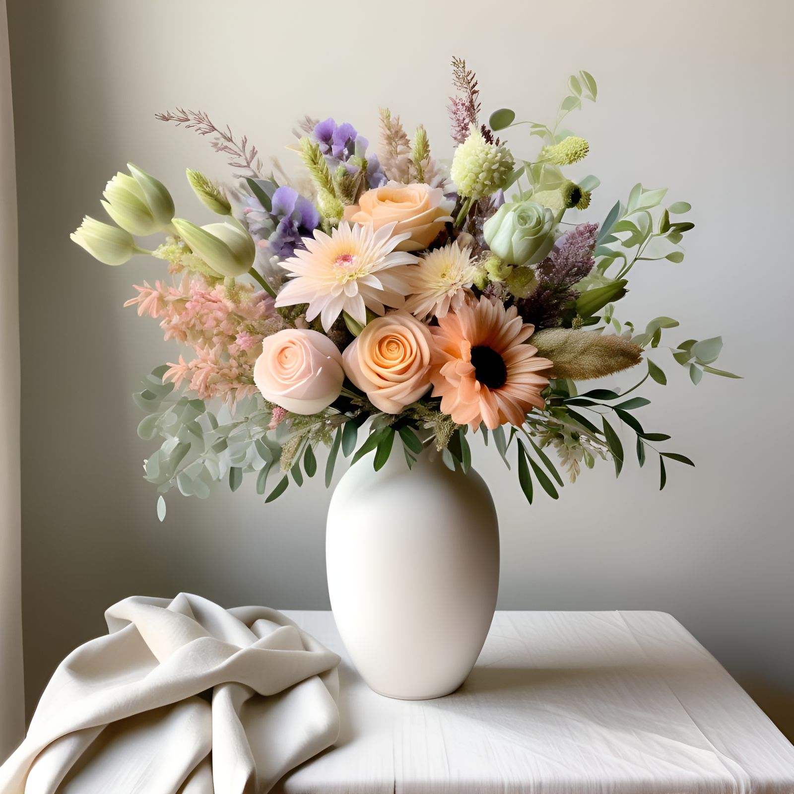 A very realistic looking full bouquet of very pastel colored flowers in ...