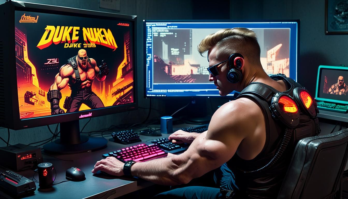 Old School PC Gamer playing a game of Duke Nukem - AI Generated Artwork ...
