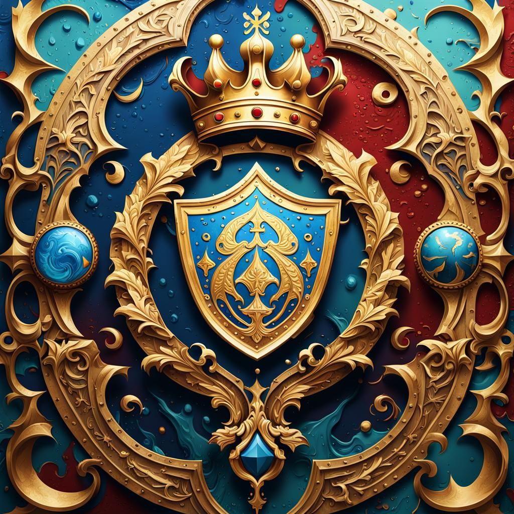 medieval coat of arms with a crown and a golden arabesque around it ...