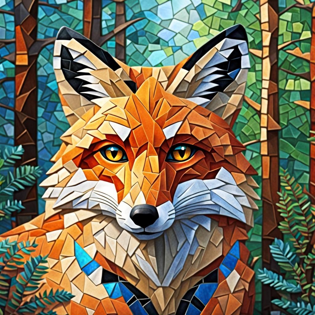 a mosaic fox mosaic style in a mosaic forest - AI Generated Artwork - NightCafe Creator