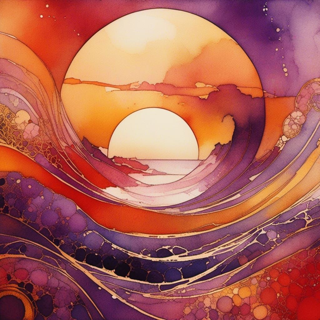 abstract, wtde horizon line, split colors, vibrant red and golden ...