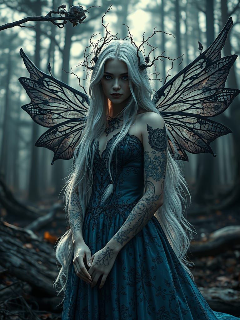 Surreal Gothic Fae Queen Emerges from Charred Pine... - AI Art
