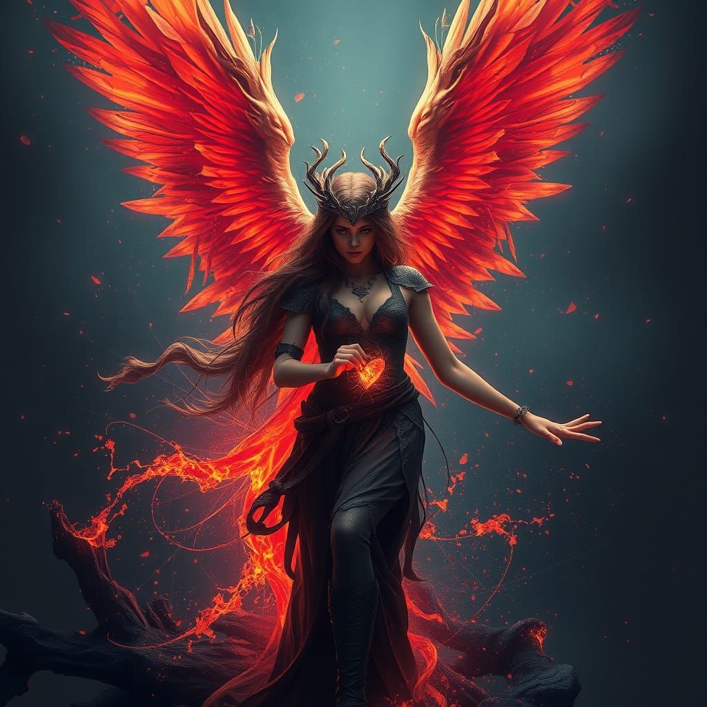 Goth Girl Phoenix Ascends from Dark Ashes in Vibra... - AI Art