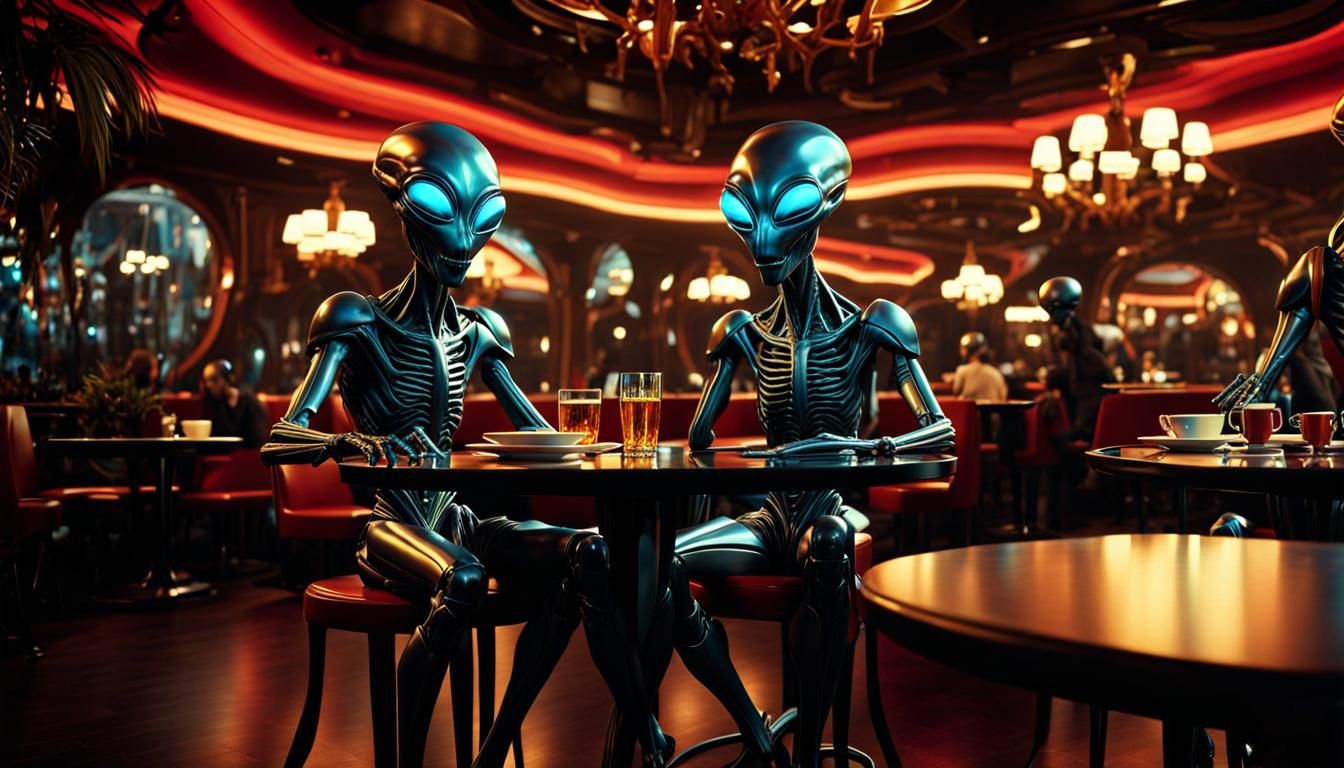 Two aliens on a date in a fancy night cafe - AI Generated Artwork ...