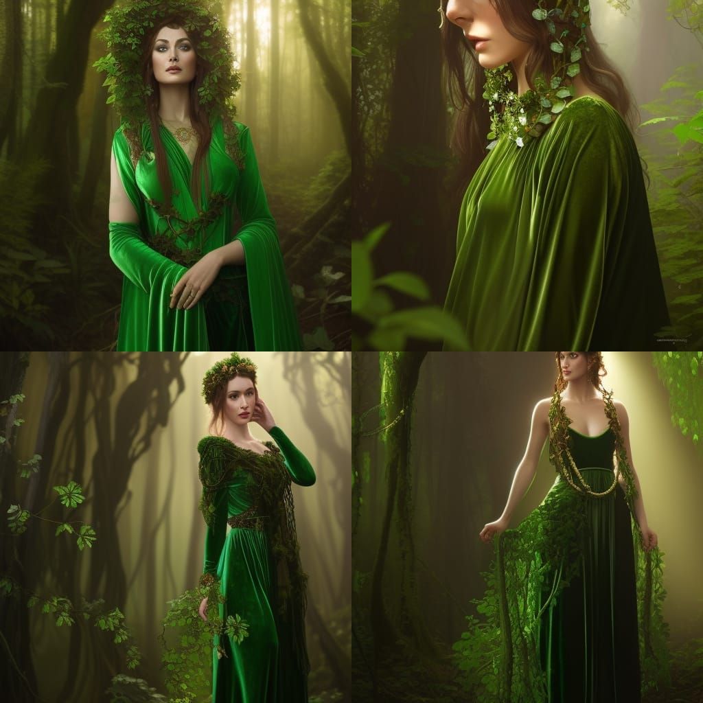 Beautiful Celtic priestess dressed in green velvet dress, in a mystical ...