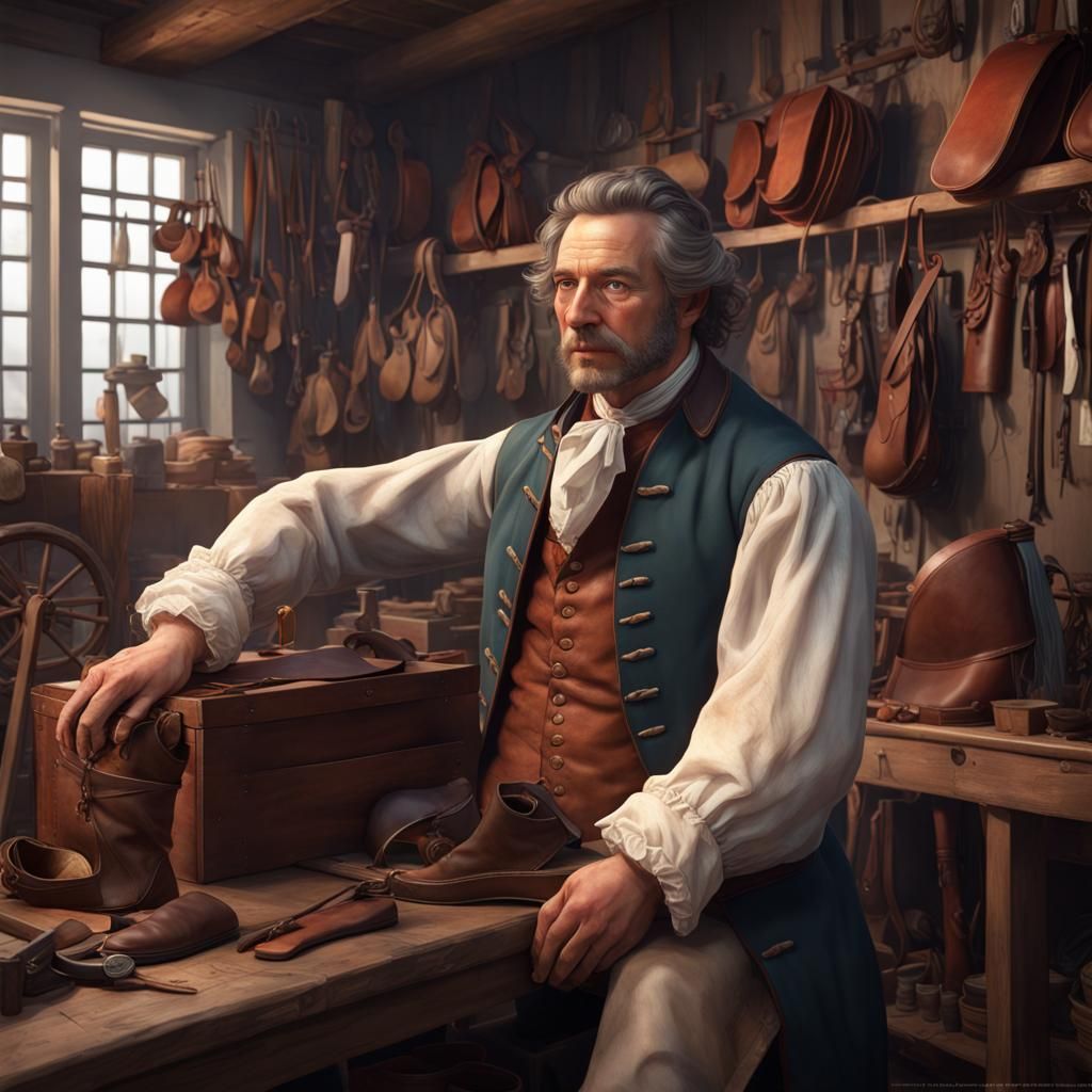 Show a colonial 1700's man in his shop making saddles and various ...