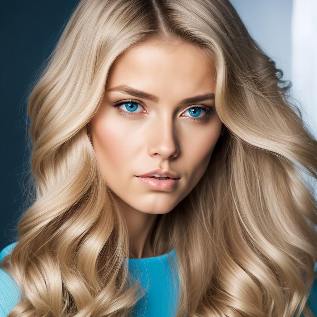 creami una modella bionda con i capelli lunghi, occhi azzurri mare in ...
