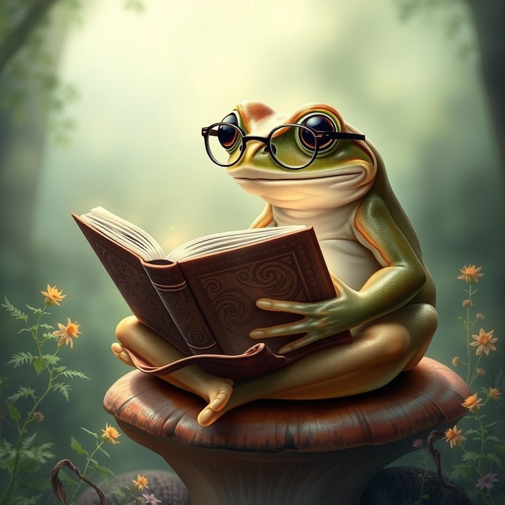 frog in glasses reading book - Serene Frog Reader in Whimsic...