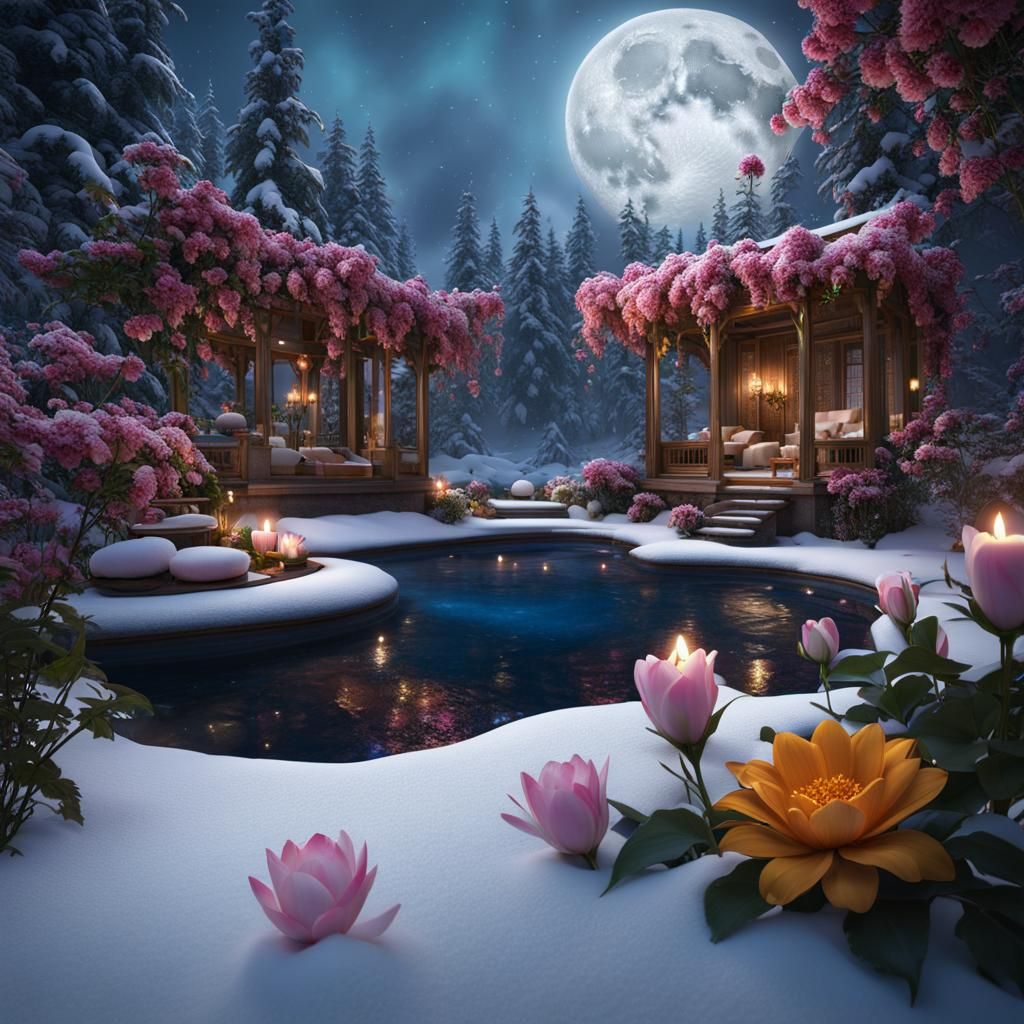 Hyperrealistic snow moon flowers spa products - AI Generated Artwork - NightCafe Creator