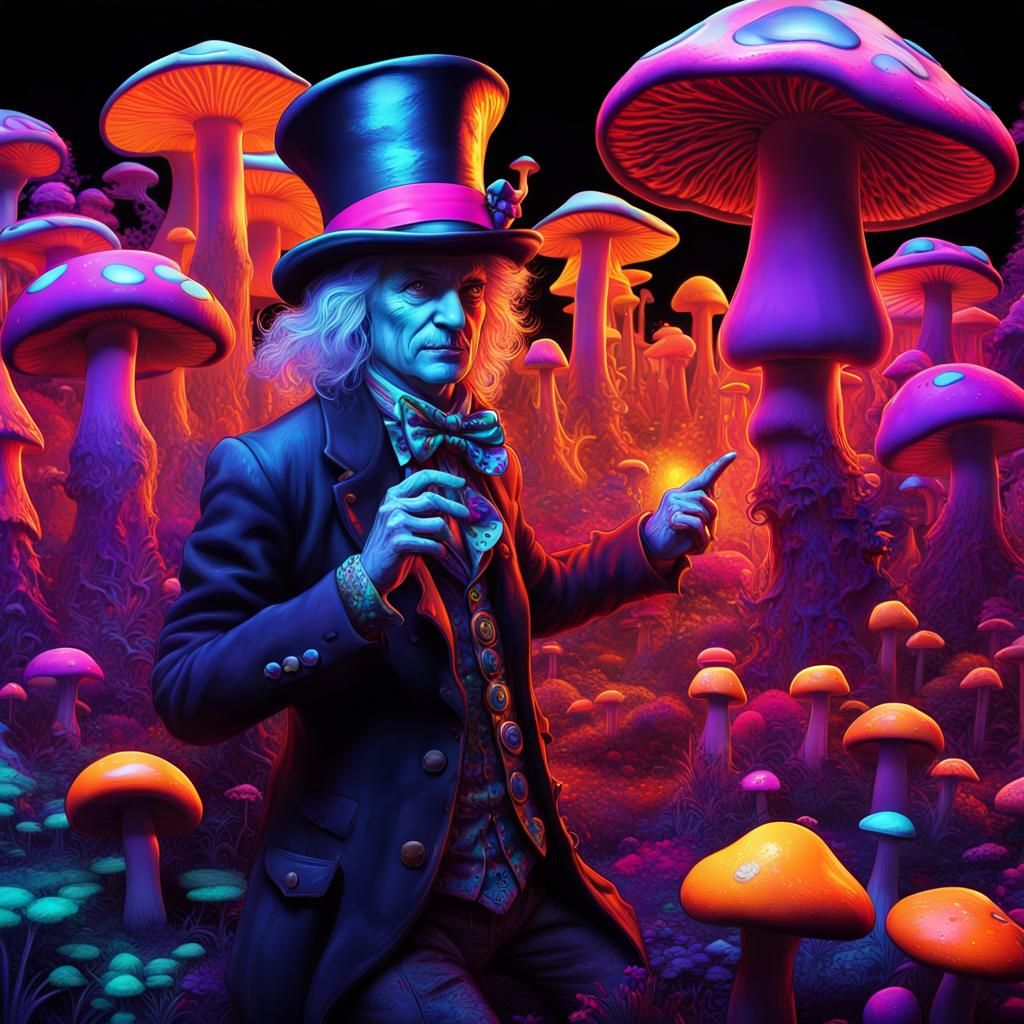Black light poster of Mushroom men, mad hatter, in Wonderland, Psychedelic, fluorescent, hippie ...