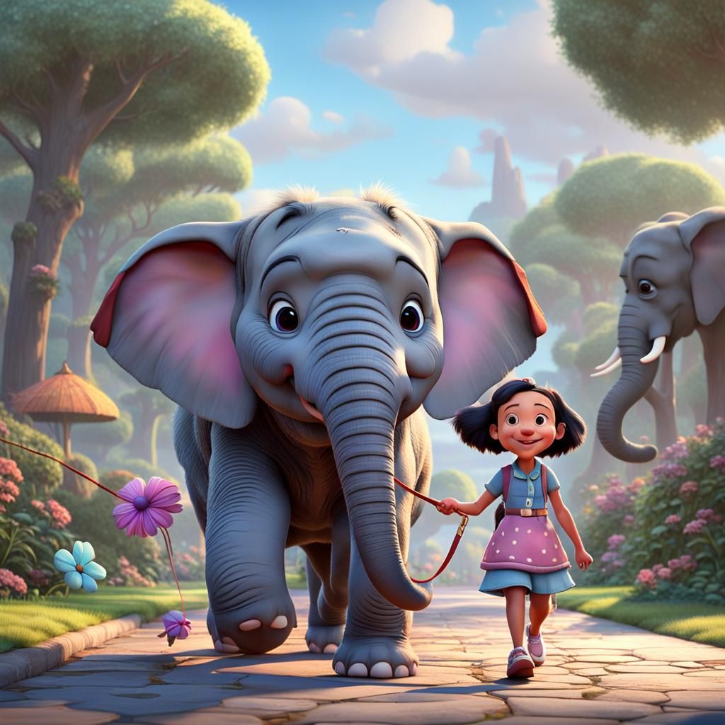 An enchanting Pixar 3D animation still, portraying an adorable girl confidently walking a cute ...