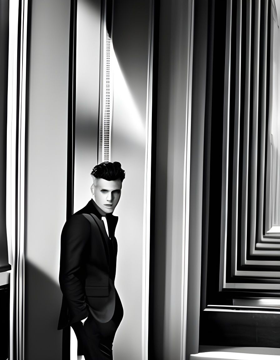 A Beautiful Handsome Man walking through a corridor looking out of a ...