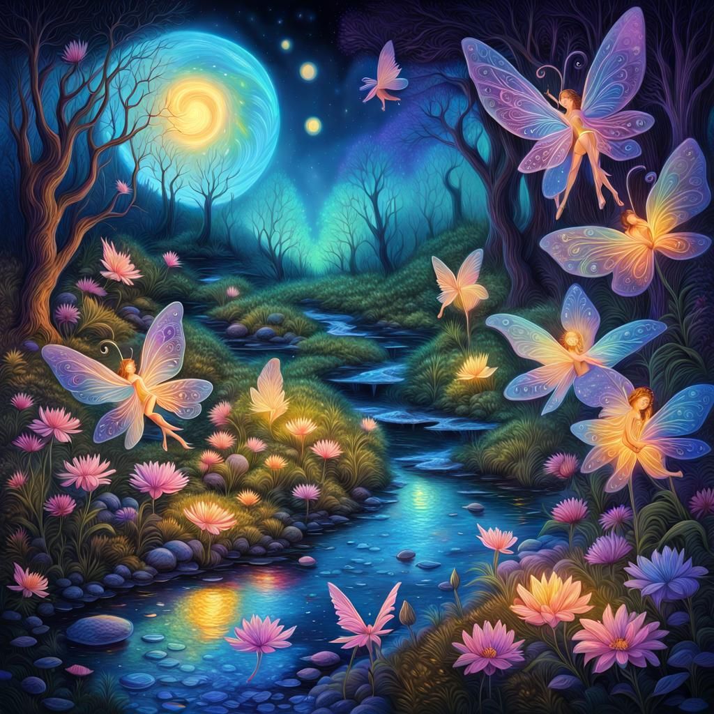 Early Spring Fairies Playing at The Enchanted Stream - AI Generated ...