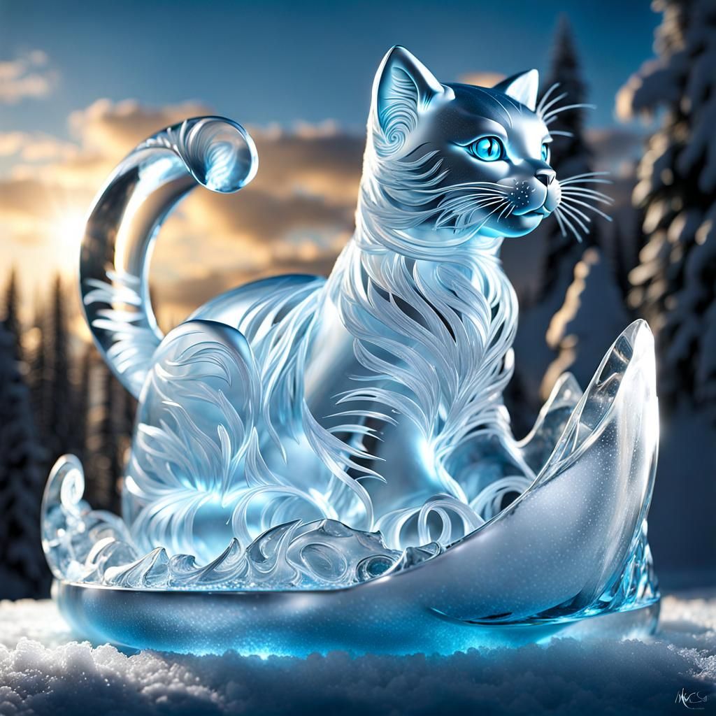 Ice kitten Ice Sculpture-theme Detailed illustration capturing the ...