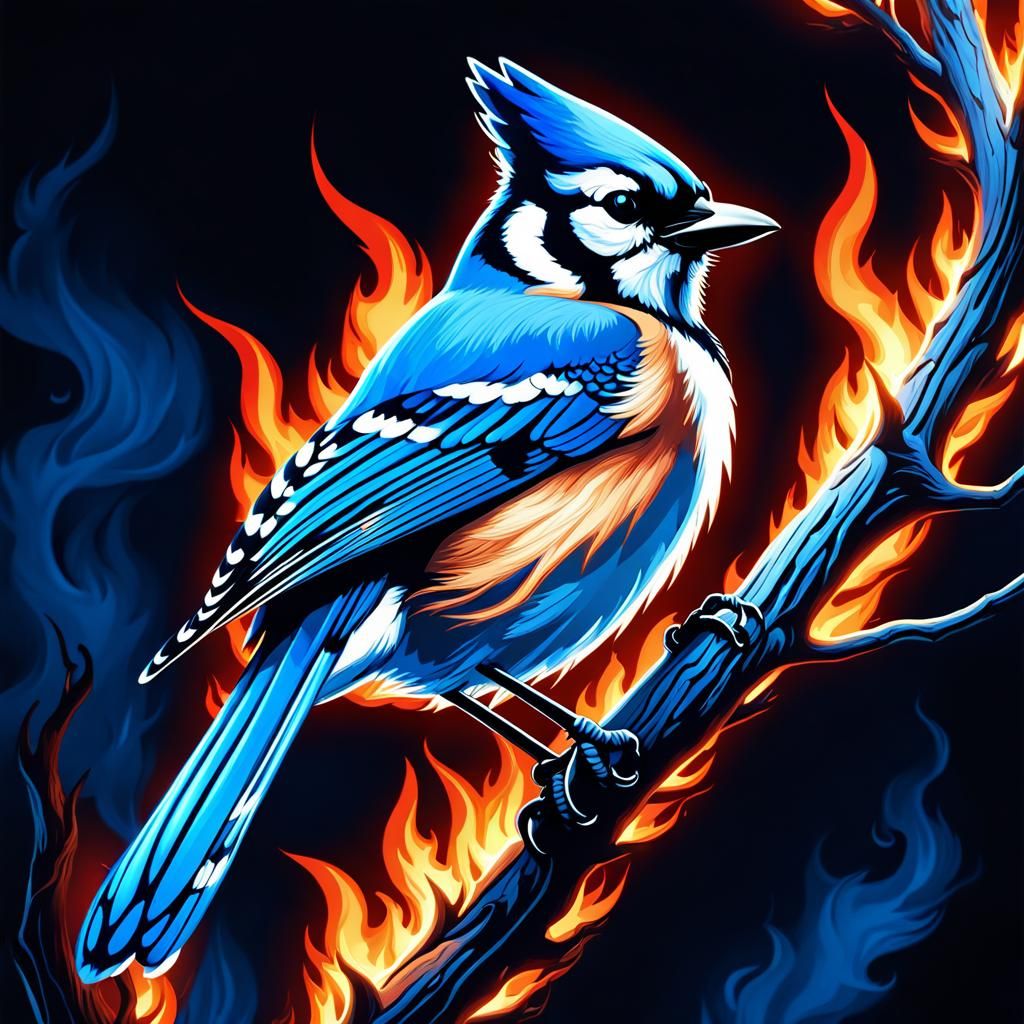 Macabre burning blue jay on a midnight tree branch, fiery blue flames ...