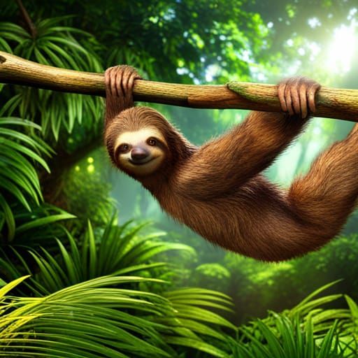 beautiful magnificent detailed shiny sloths hanging on a jungle tree limb , crisp , detailed ...
