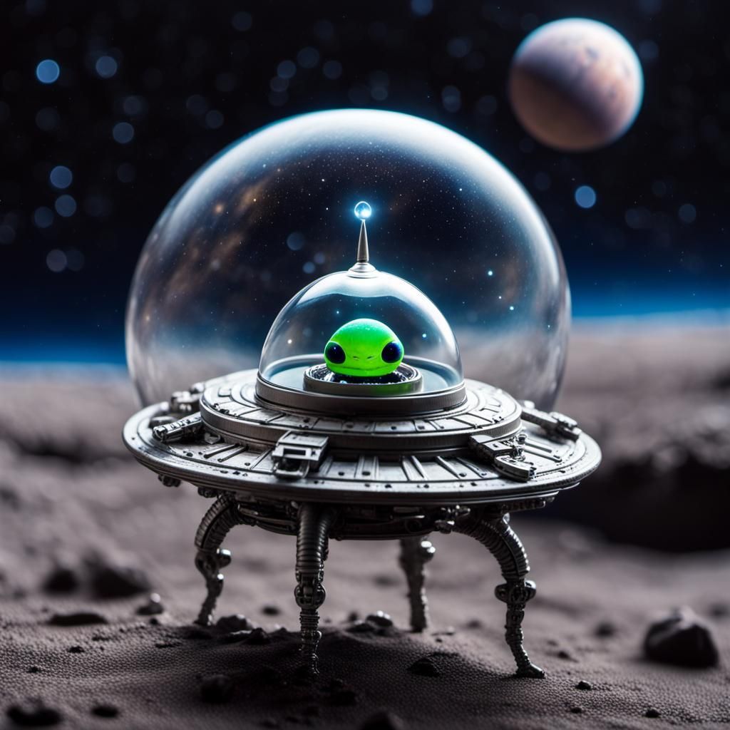 Photograph, Macro, miniature alien spaceship with a glass cap with ...