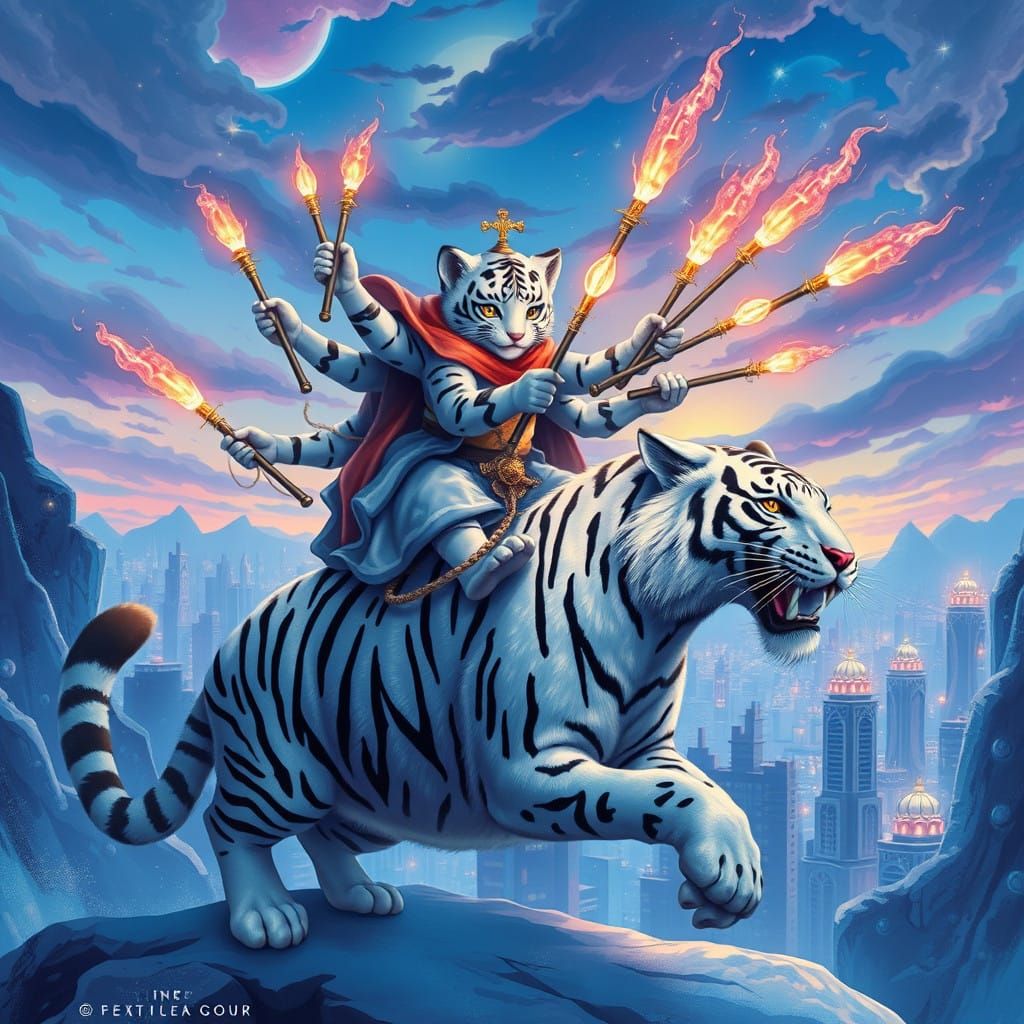 Regal Snow Leopard Boy Rides Tiger in Vibrant, Mys... - AI Art