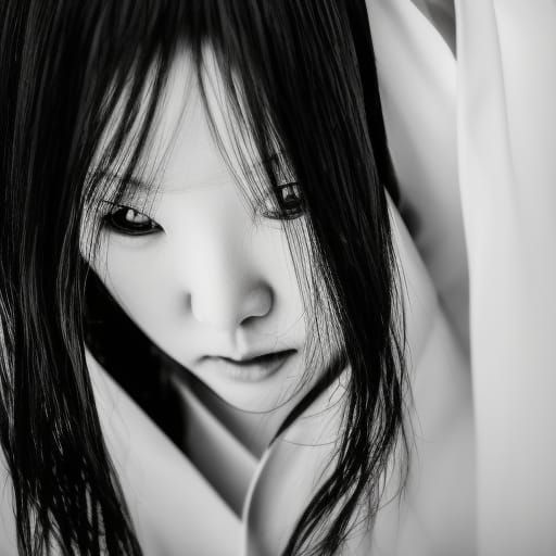 Sadako, ghost of a woman in white robes, long black hair - AI Generated ...