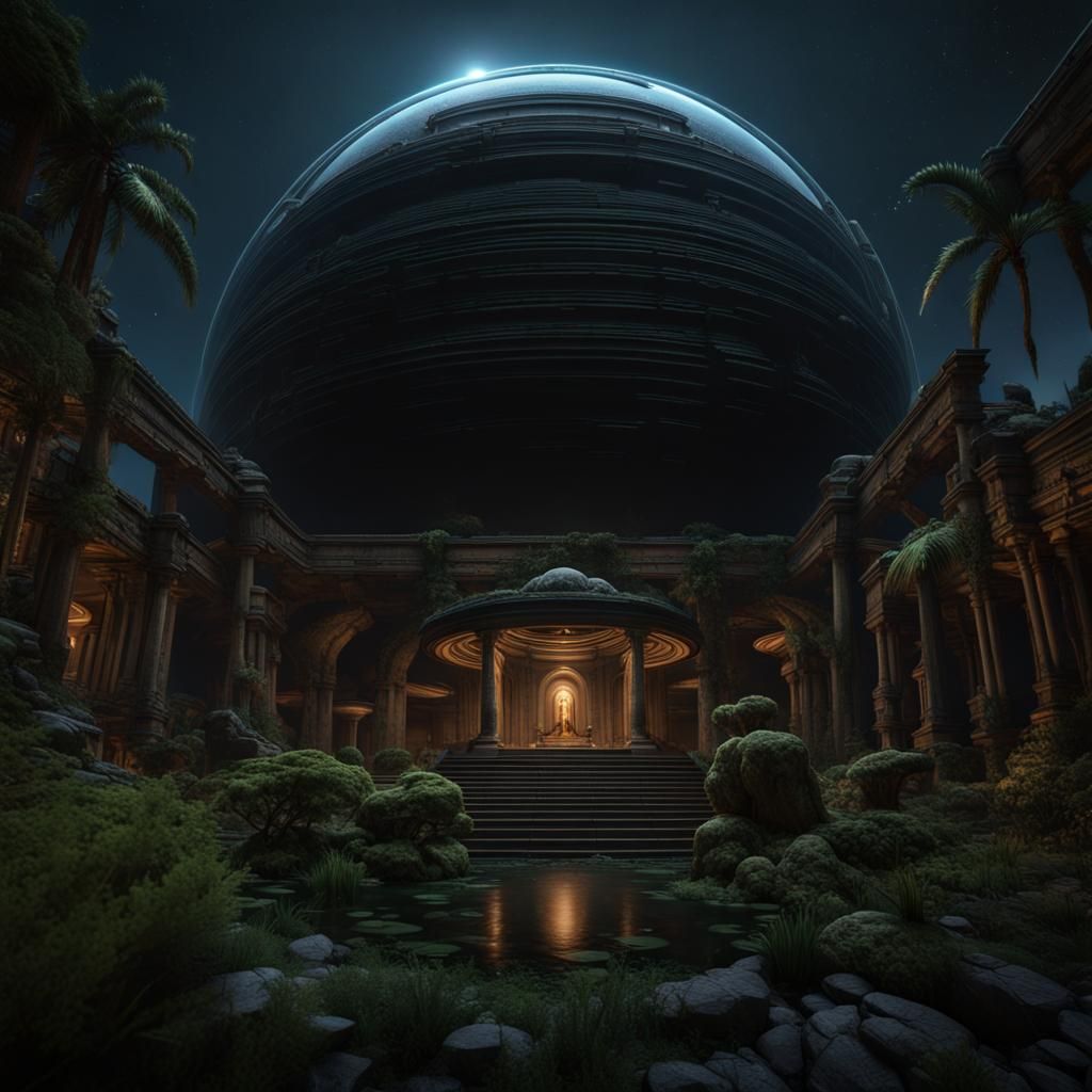 8k photoreal long-angle shot of a huge menacing orb looming high in the ...