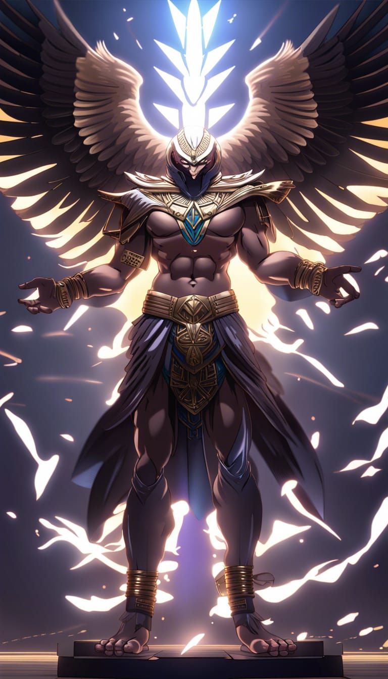 egyptian antropomorhic eagle warrior, complex, dynamic pose, volumetric ...