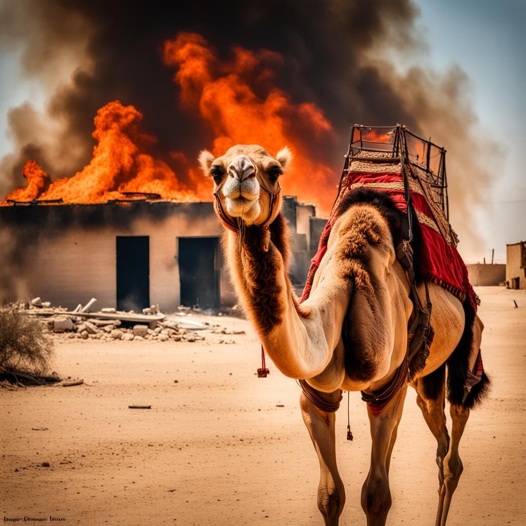 A camel looking back on a big fire where houses are engulfed in flames ...