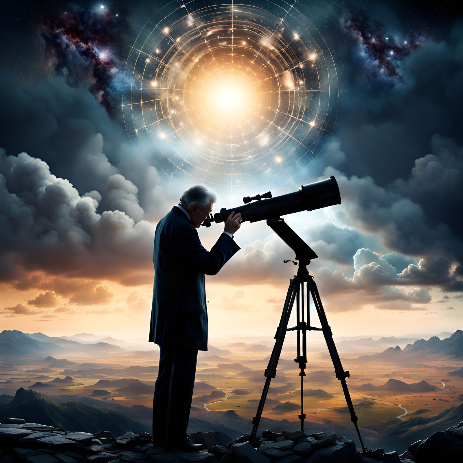 Theoretical physicist David Bohm looking through a telescope into his ...